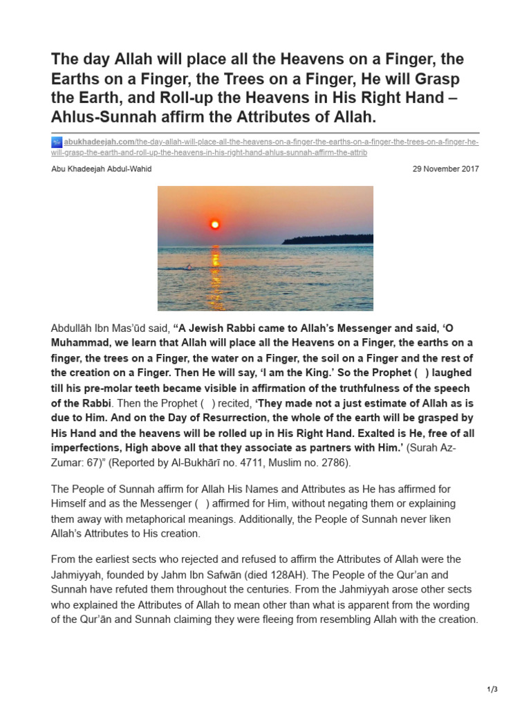 The Day Allah Will Place All The Heavens On A Finger The Earths On A ...