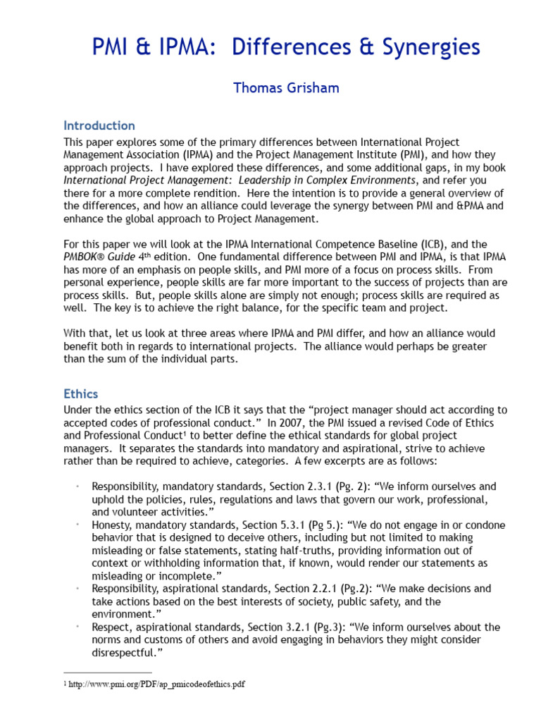 PMI IPMA Differences Synergies 1 | PDF | Leadership | Project Management