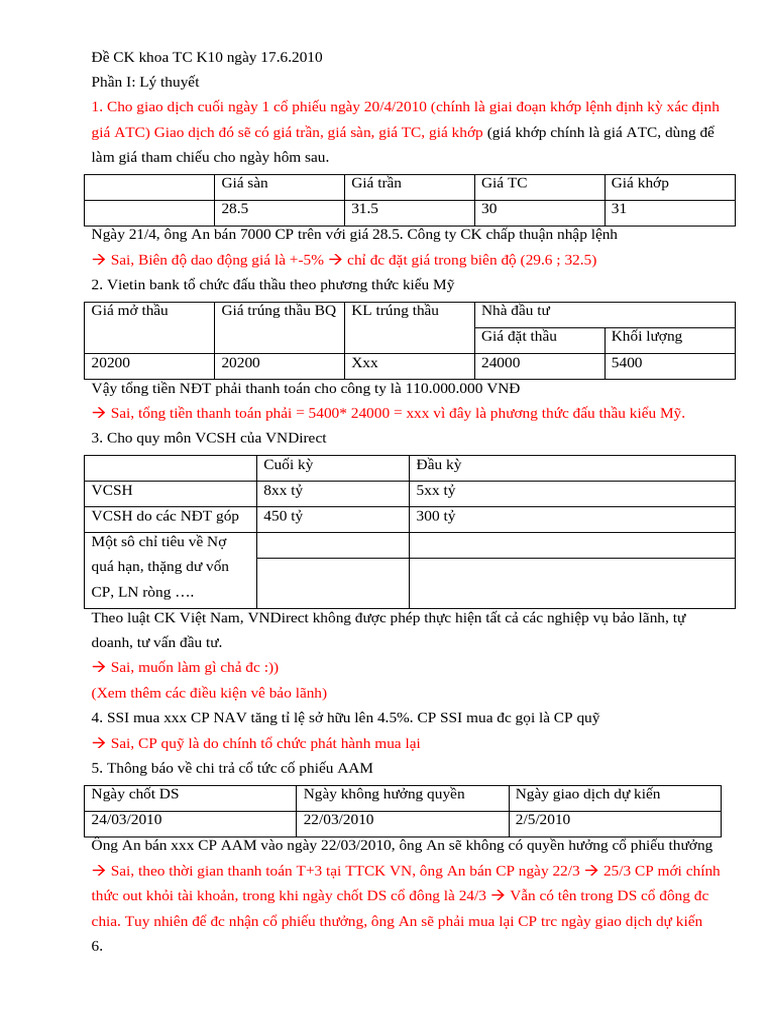 Đề Thi Chứng Khoán Ngày 17-6-2010 Khoa TC K10 | PDF