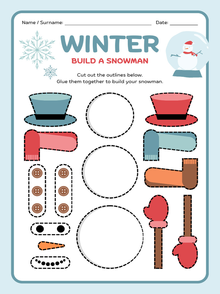 Winter Themed Build a Snowman Cut and Paste Worksheet in Blue Red Cozy ...