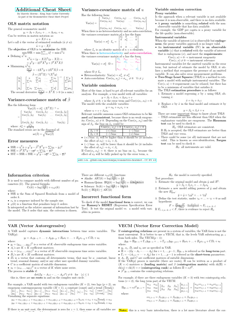 Additional Cheatsheet en | PDF | Ordinary Least Squares | Vector Autoregression