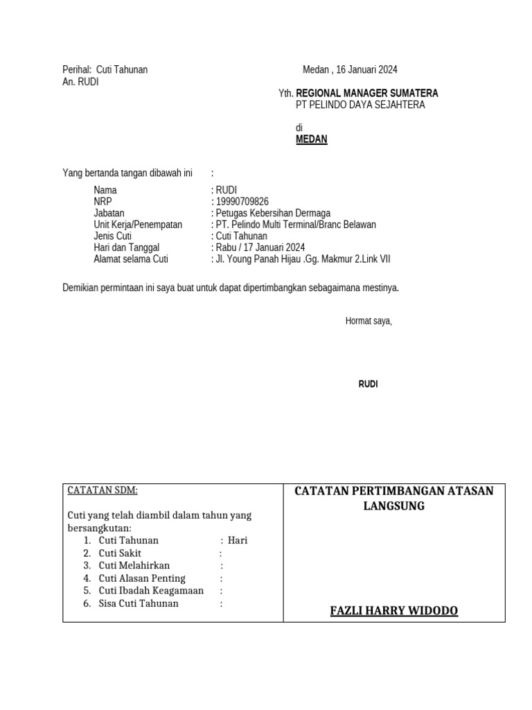 Surat Ijin Cuti Rudi 2024 | PDF