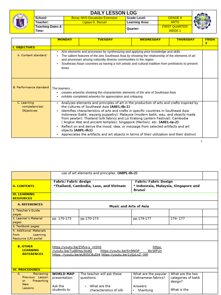 Grade 8 Southeast Asian Arts Lesson Plan | PDF | Textiles | Textile Arts