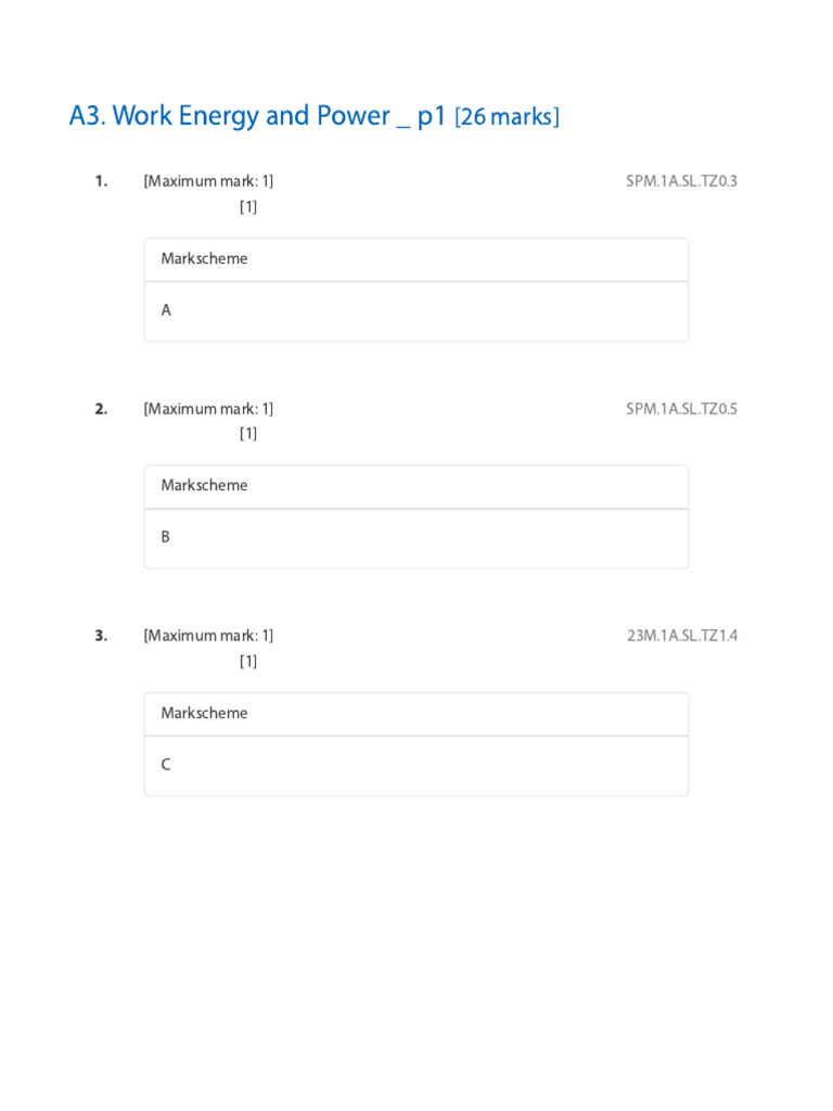 A3. Work Energy and Power HW - p1 - Markscheme | PDF
