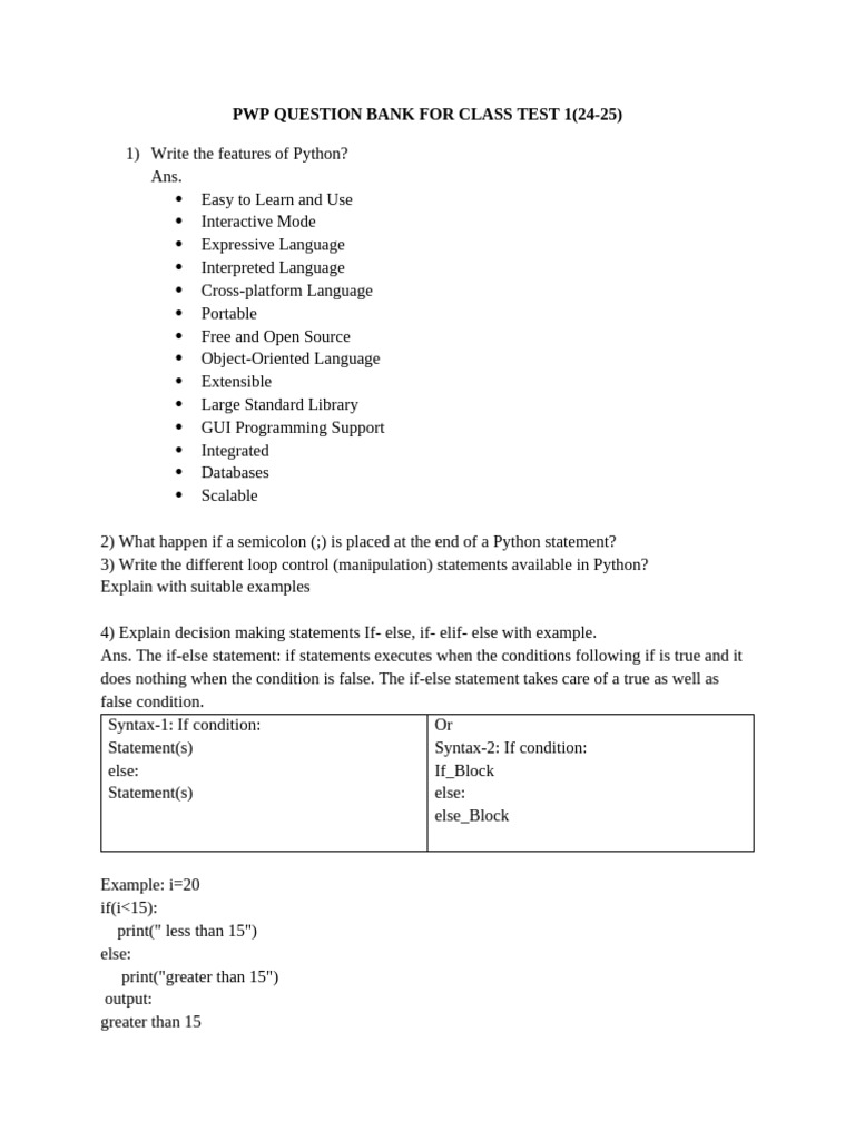 PWP Test Question Bank: Python Basics | PDF | Python (Programming ...