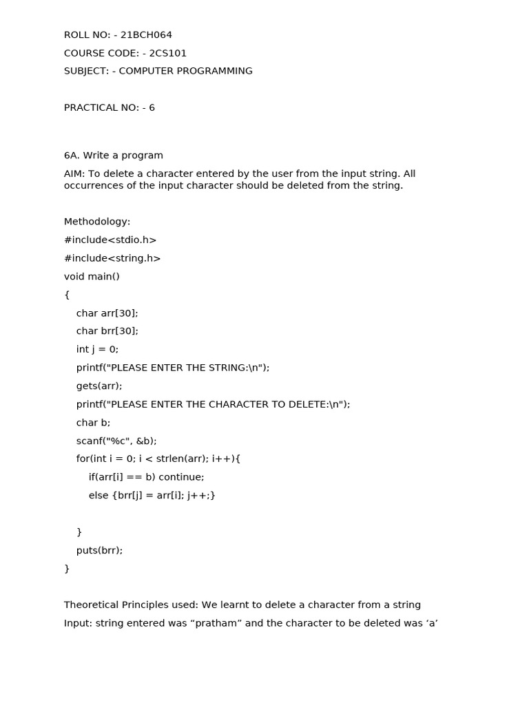 21 BCH064 CP Prac 6 | PDF | String (Computer Science) | Computer Programming