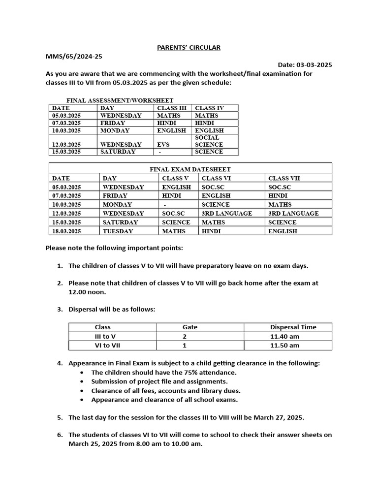 Final Exam Schedule for Classes III-VII | PDF