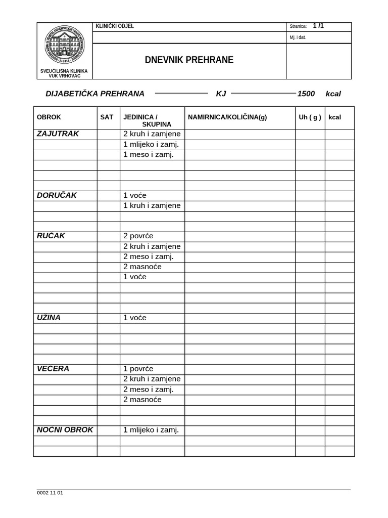 Dnevnik Prehrane 1500 | PDF