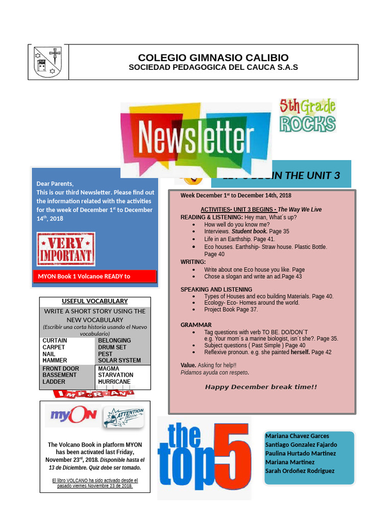Newsletter Diciembre 1 al 14 2018 Grade 5th. | PDF | Semantic Units | Syntax