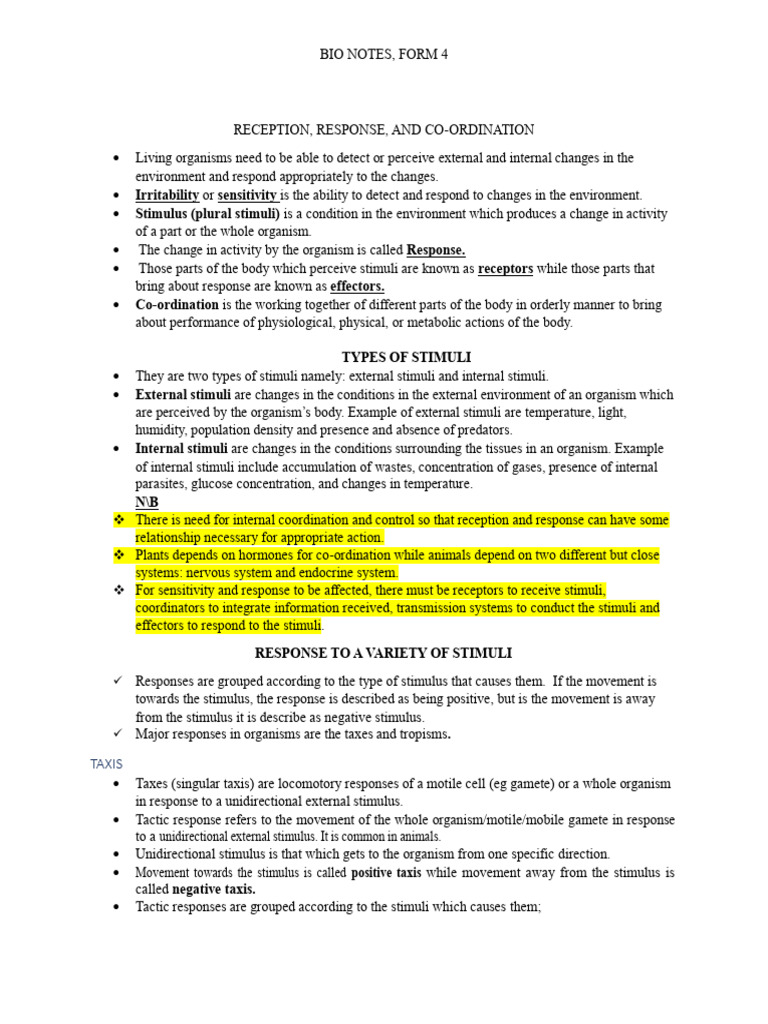 Reception, Response and Coordination | PDF | Nerve | Central Nervous System
