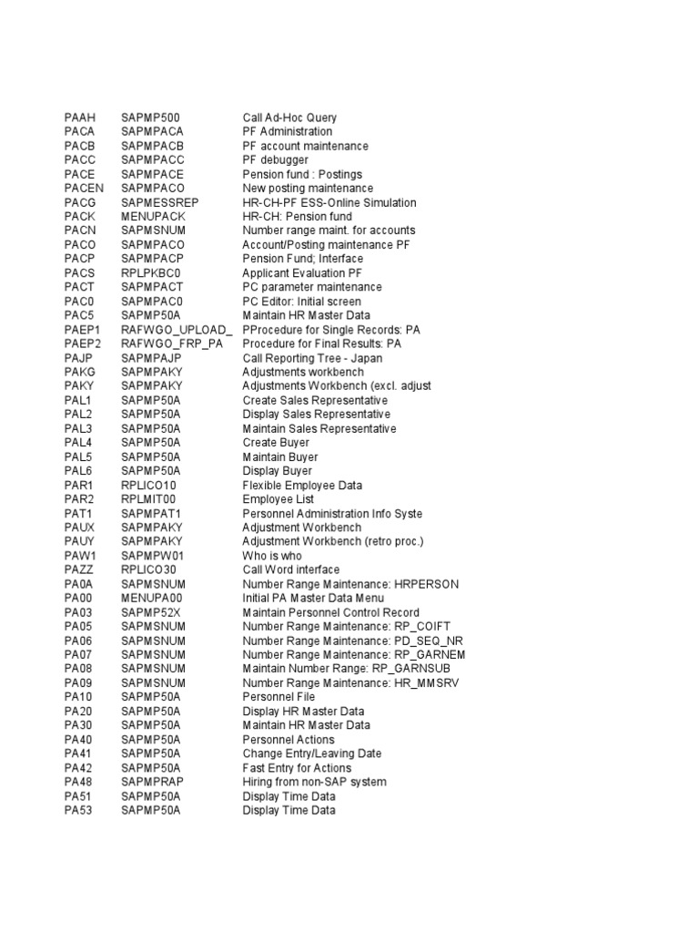 Sap HR Tcodes | PDF | Per Diem | Credit Card