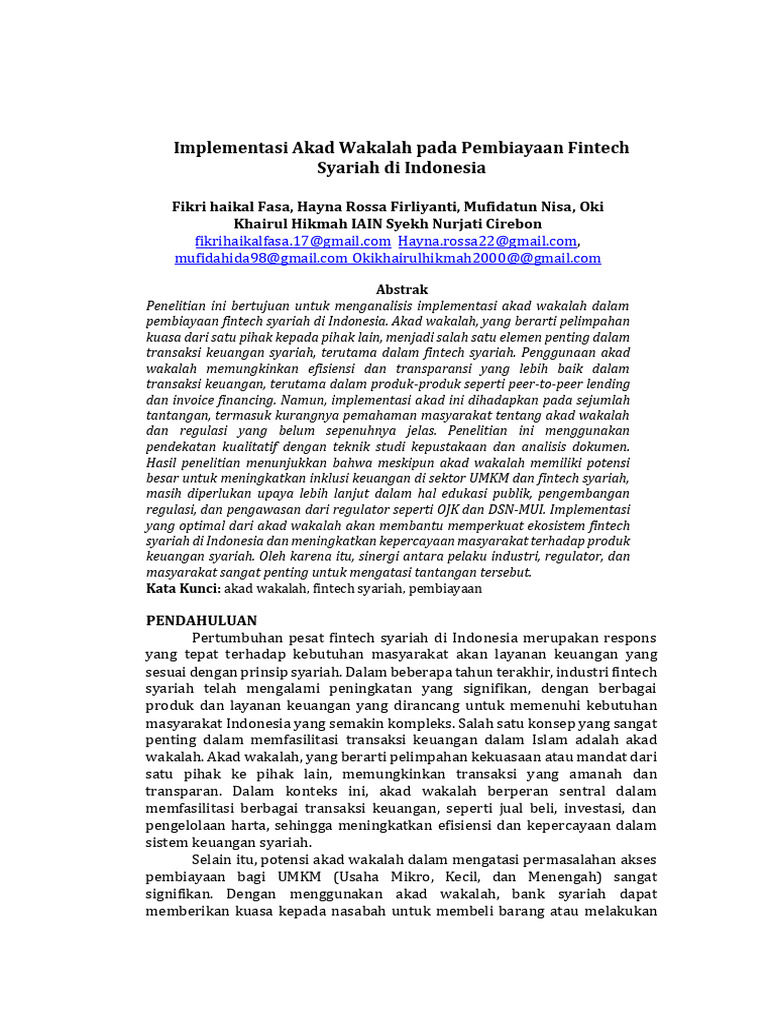 IMPLEMENTASI AKAD WAKALAH PADA PEMBIAYAAN FINTECH SYARIAH DI INDONESIA | PDF