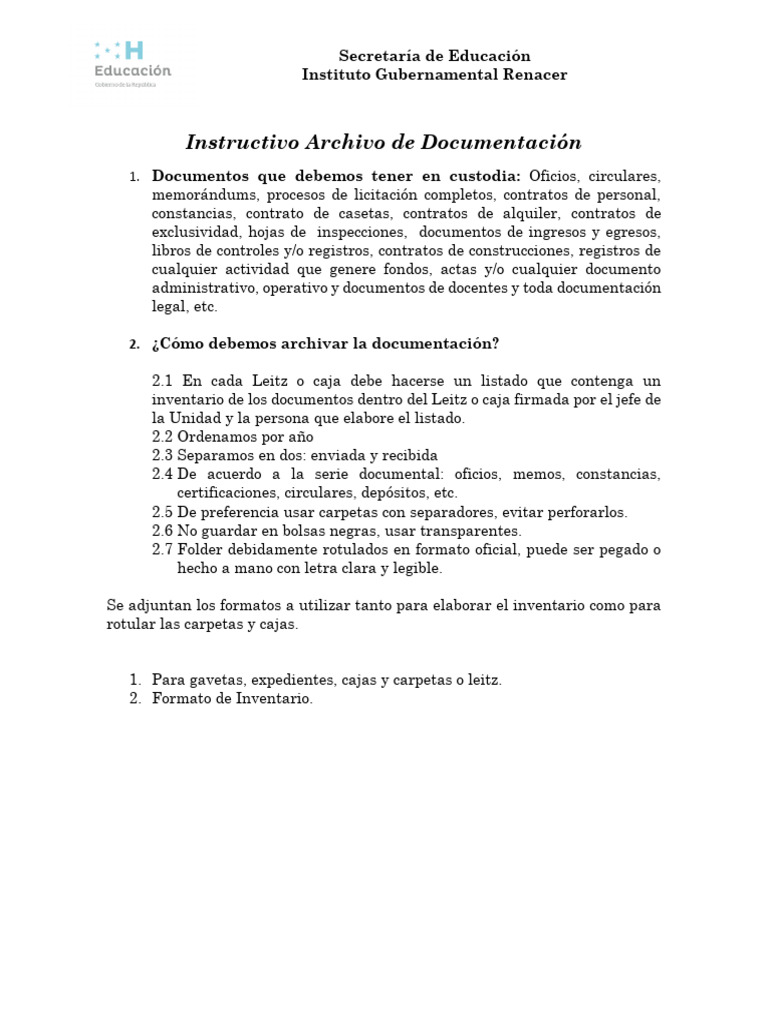 Instructivo Archivo de Documentación | PDF