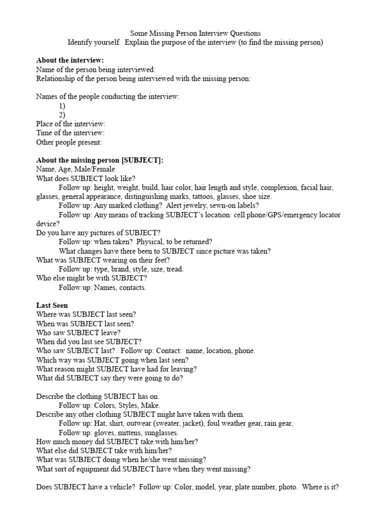 Missing Person Questionaire Rev2019 | PDF | Clothing