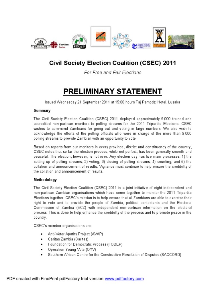 CSEC Preliminary Statement 21 Sept FINAL | PDF | Zambia | Elections