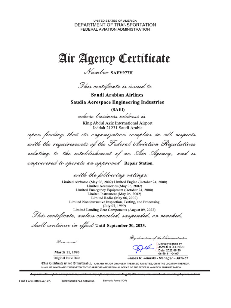 Air Agency Certificate: Department of Transportation | PDF