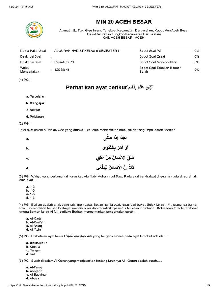 Print Soal Alquran Hadist Kelas 6 Semester 1 | PDF