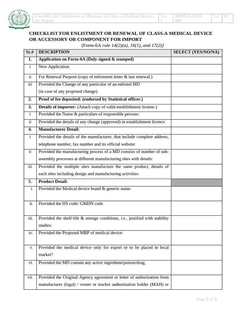 Class-A Medical Device Import Checklist | PDF | Medical Device