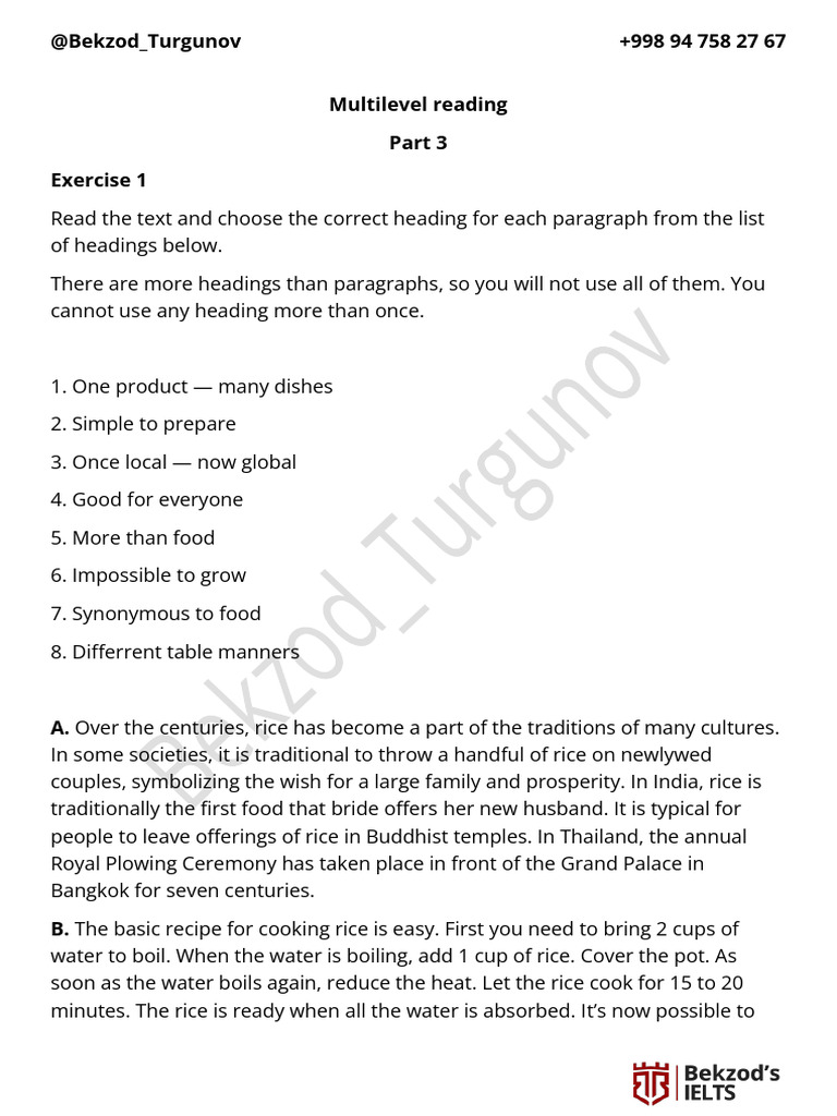 Multilevel Reading Part 3 - Exercise 1-7 | PDF | Resort | Cats
