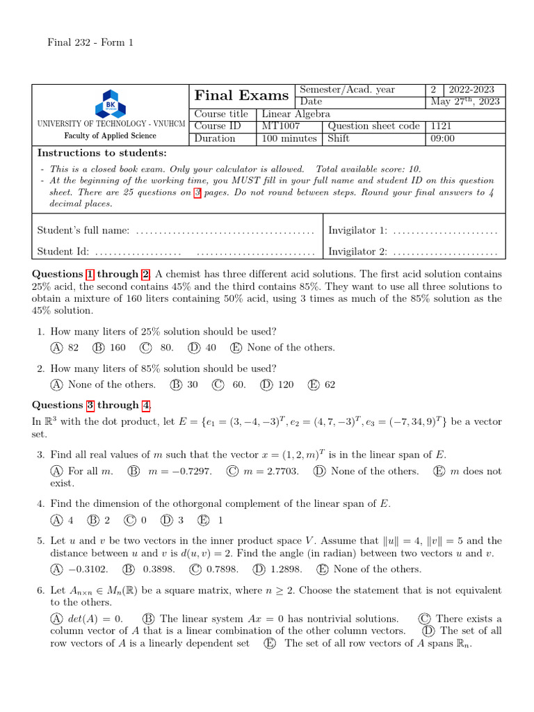 Linear Algebra Final Exam Questions | PDF | Eigenvalues And ...