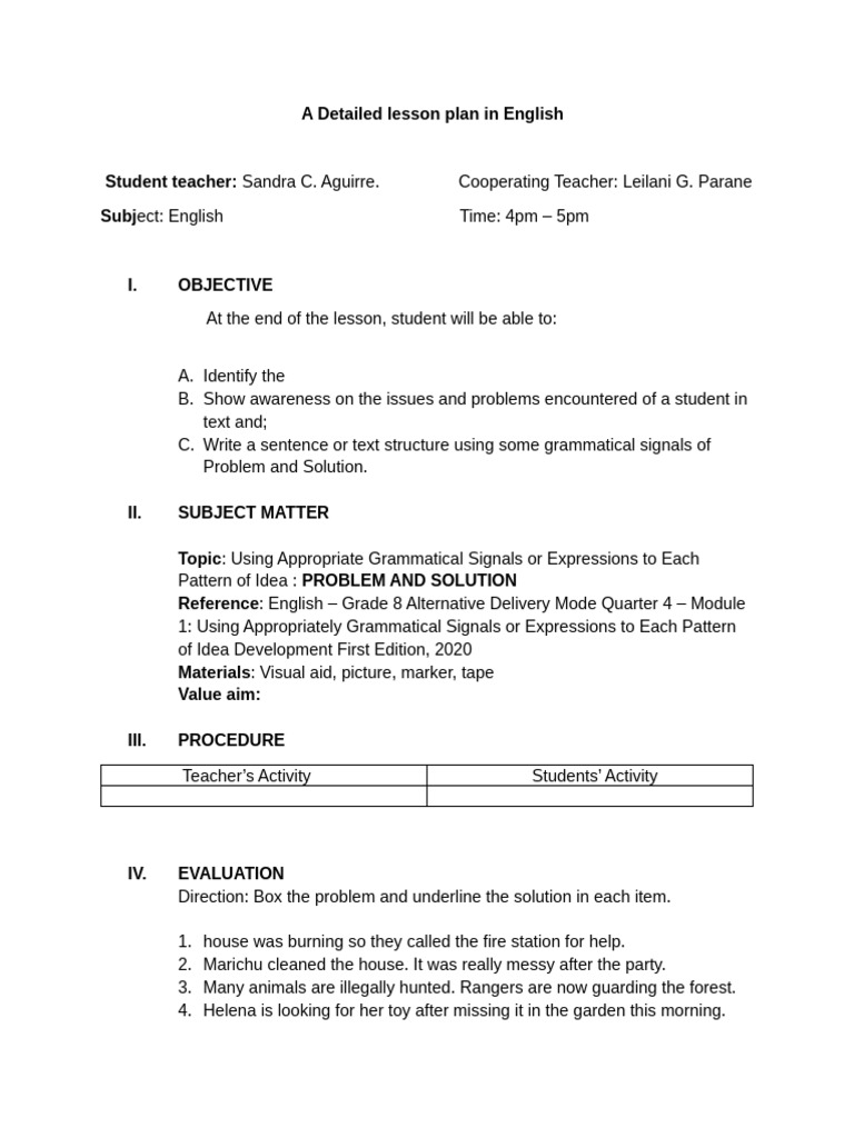 English Lesson Plan: Problem & Solution | PDF