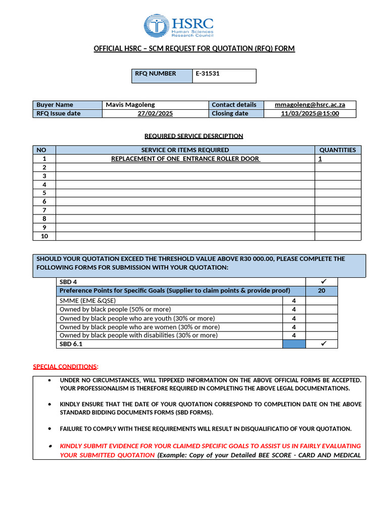 Newly and Latest Updated SCM RFQ Form - E-31531 | PDF