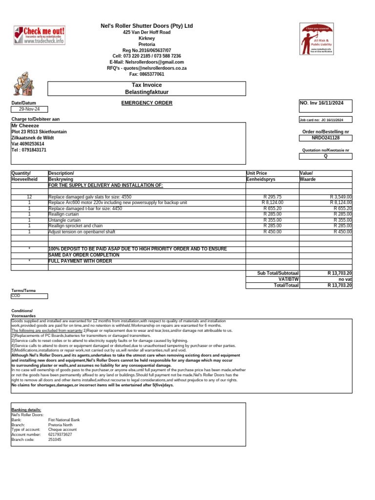 Emergency Order Invoice for Roller Doors | PDF