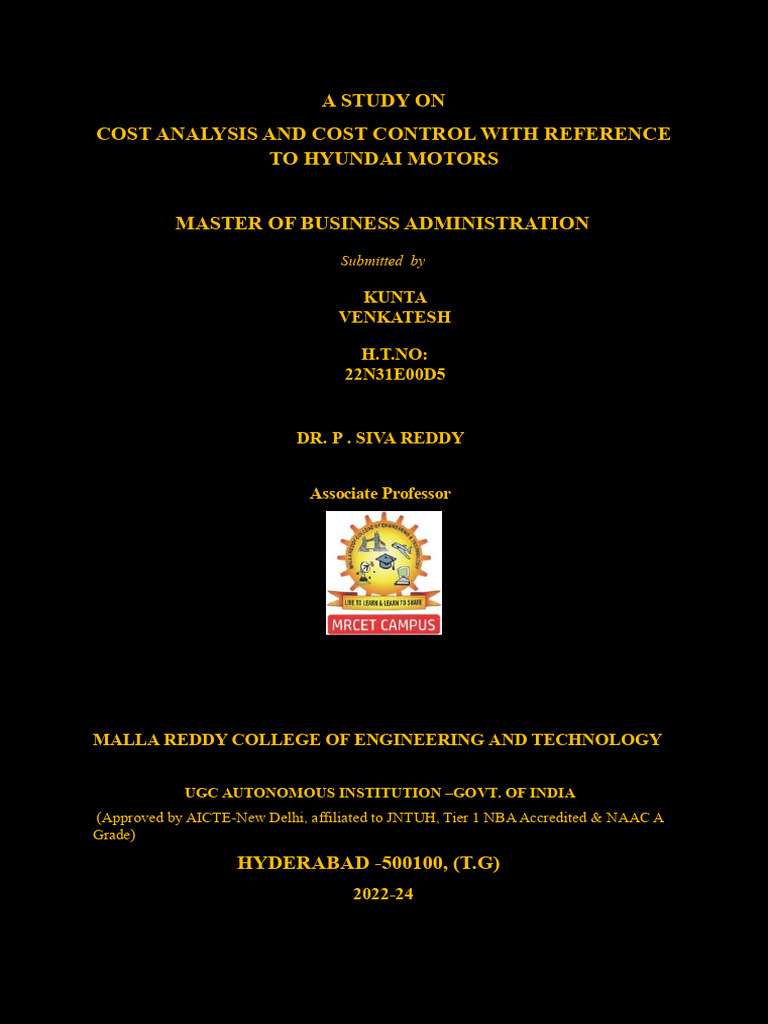 Cost Analysis for Hyundai Motors MBA Study | PDF | Cost–Benefit ...