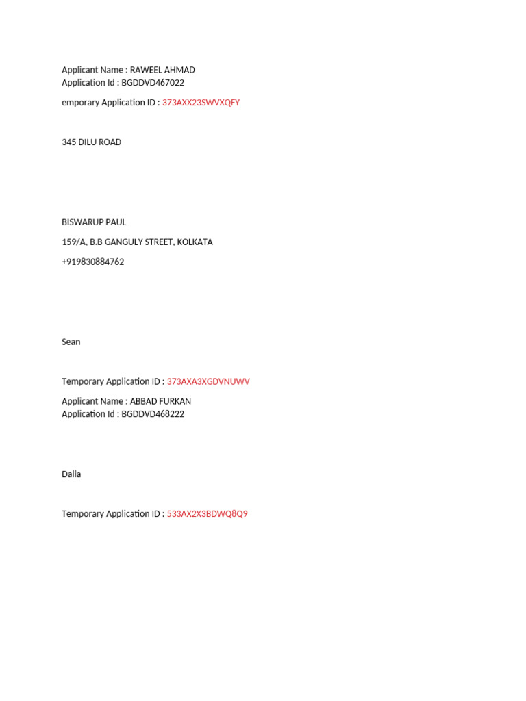 Applicant Names and IDs Summary | PDF