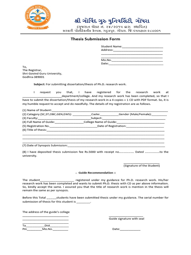 PhD Thesis Submission Form Template | PDF | Thesis | Document