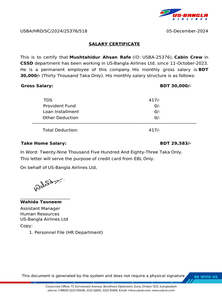 Salary Certificate for Mushtahidur Ahsan | PDF