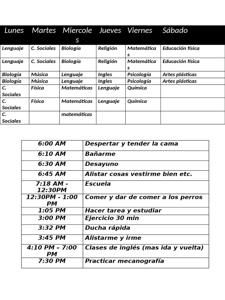 Rutina Diaria y Horario Escolar | PDF