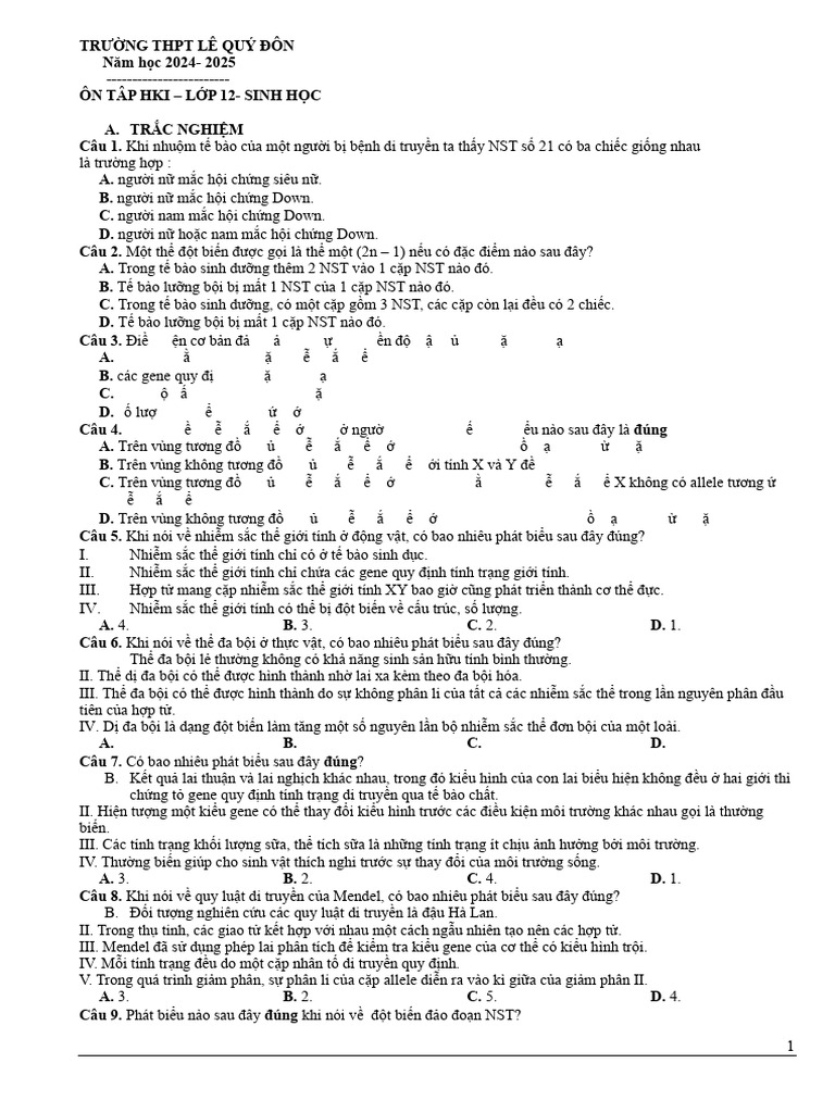 ÔN TẬP - SINH HỌC HKI - LỚP 12 | PDF