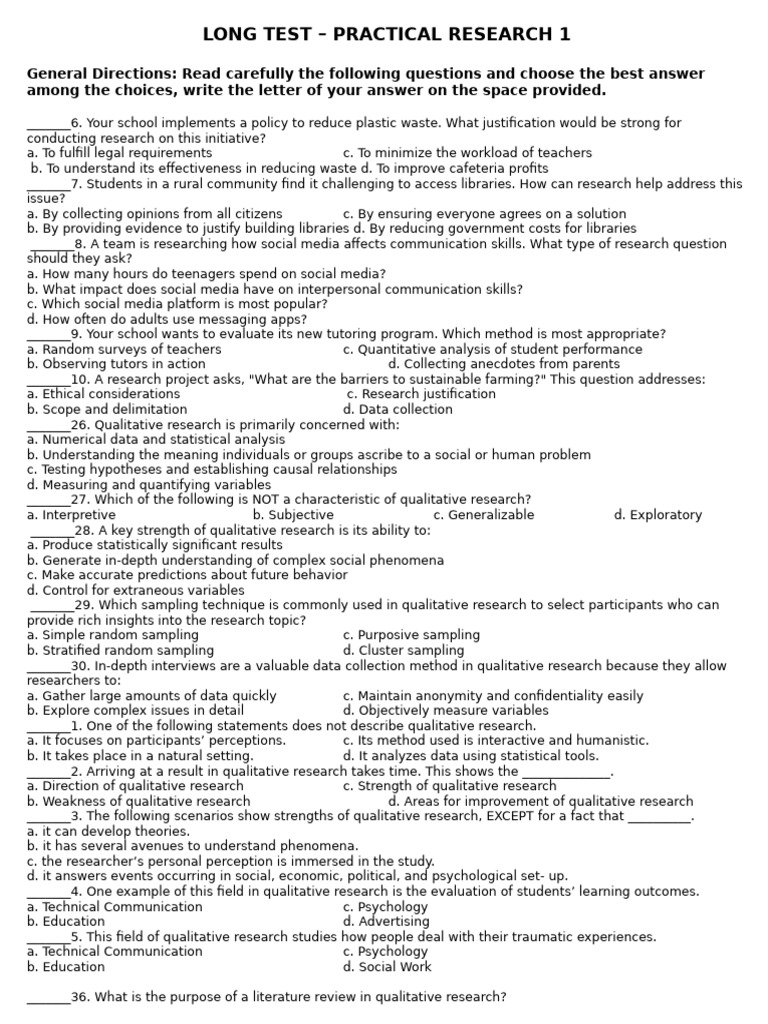 Long Test - Practical Research 1 | PDF | Qualitative Research ...