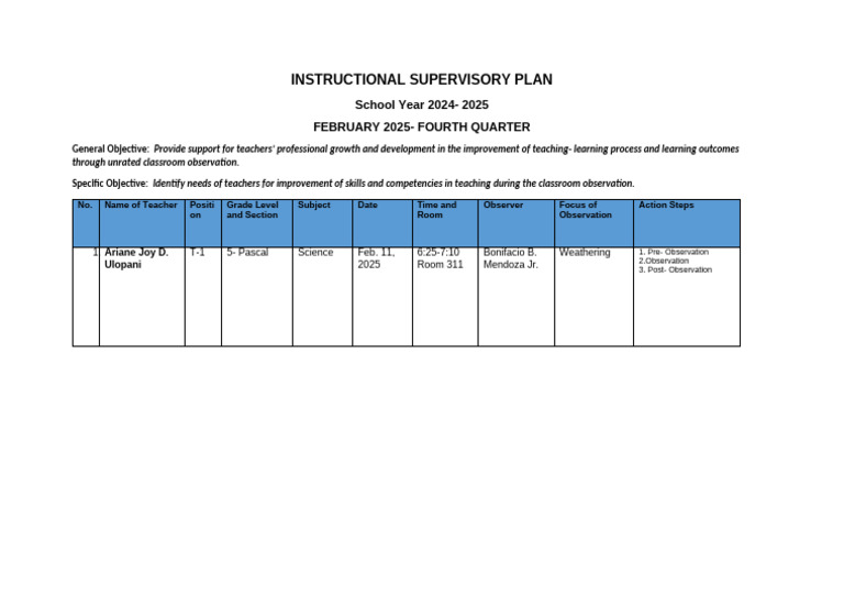 Instructional Supervisory Plan February | PDF