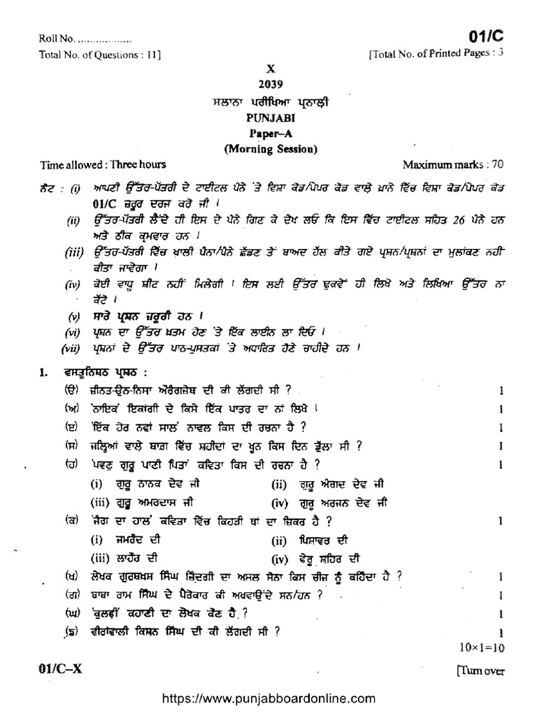 Punjab Board Class 10 Punjabi Paper 2019 | PDF