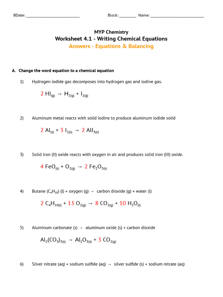 Chemical Equations and Balancing Worksheet | PDF