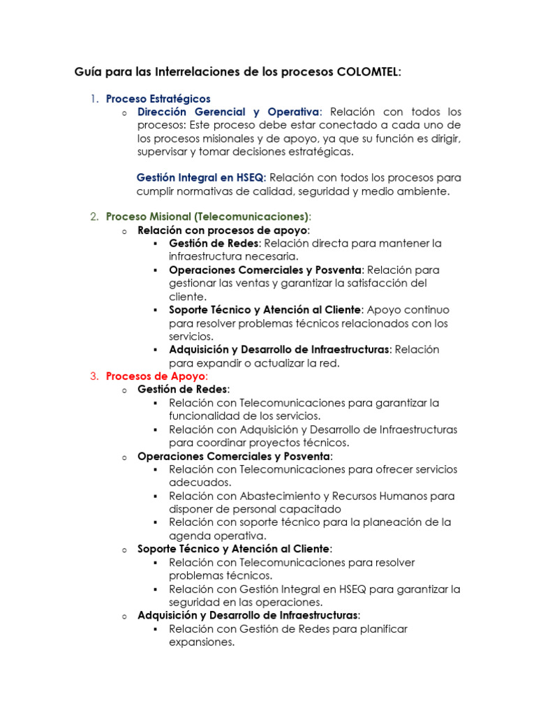 Guía para Las Interrelaciones de Los Procesos COLOMTEL | PDF ...