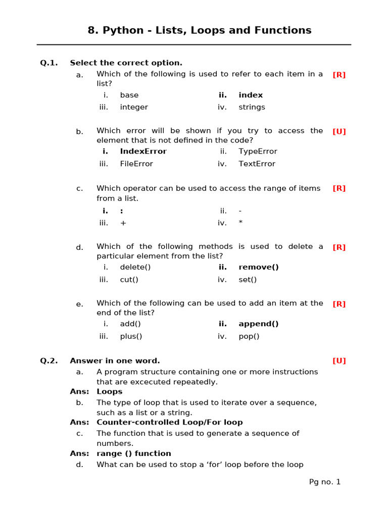 AS - 8 - CBSE - VIII - Computer Studies - Python - Lists, Loops and Functions | PDF | Control ...