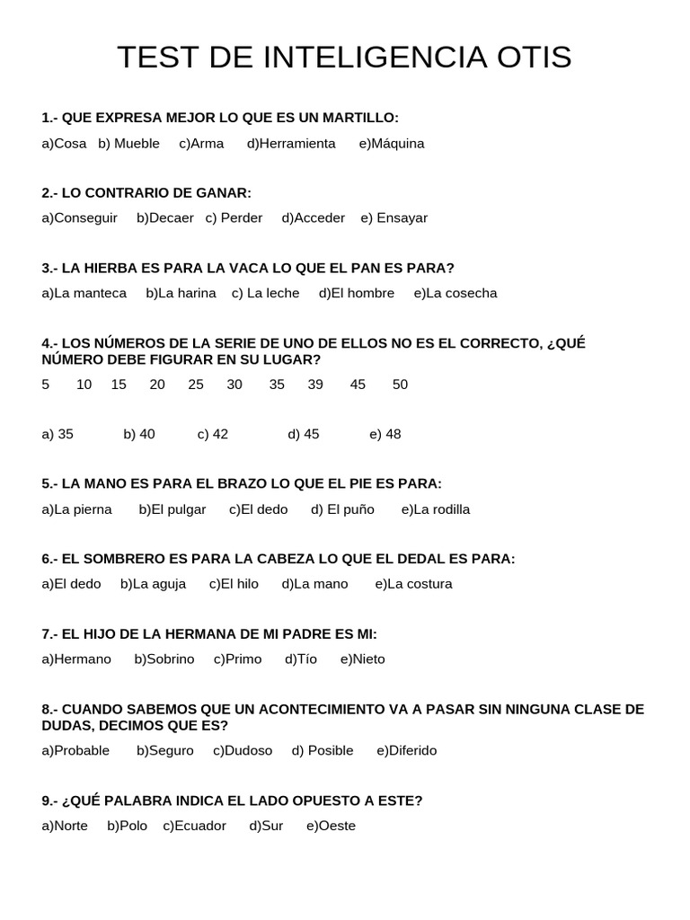 Test de Inteligencia Otis: Preguntas y Respuestas | PDF