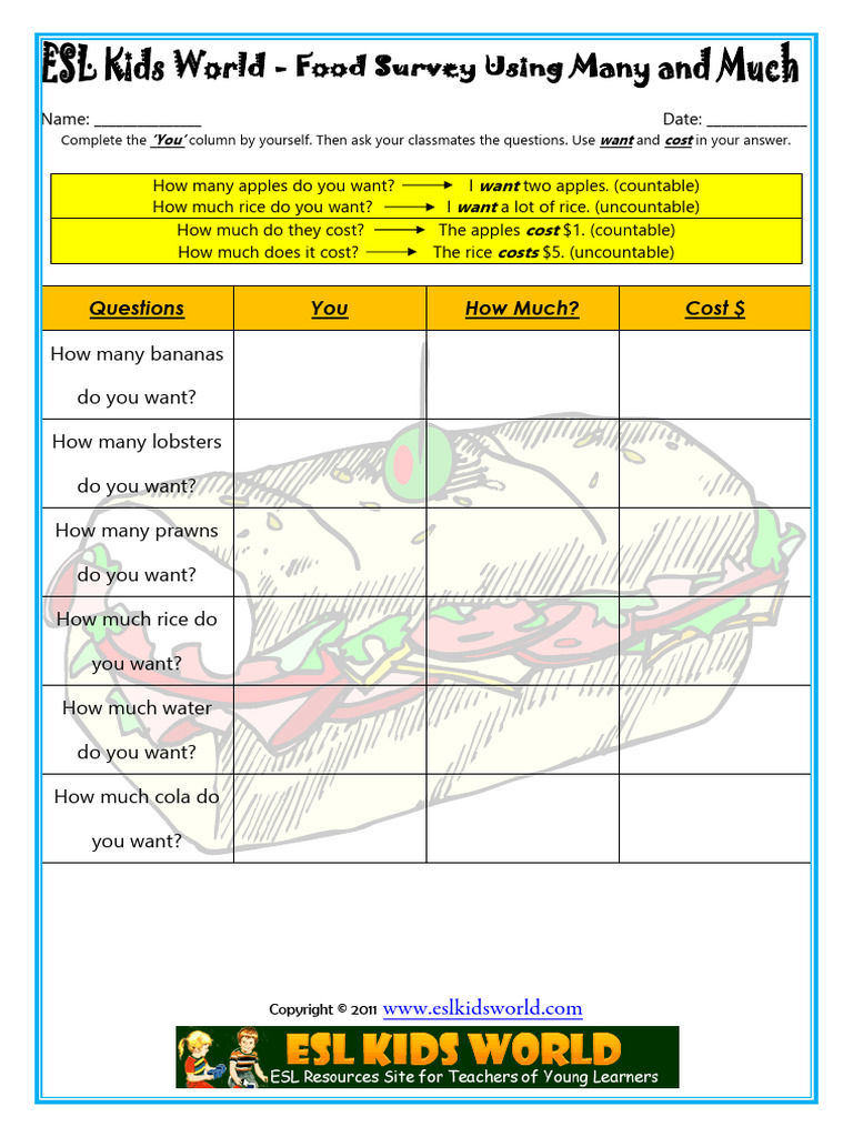 Food Survey Using Many and Much Worksheet | PDF