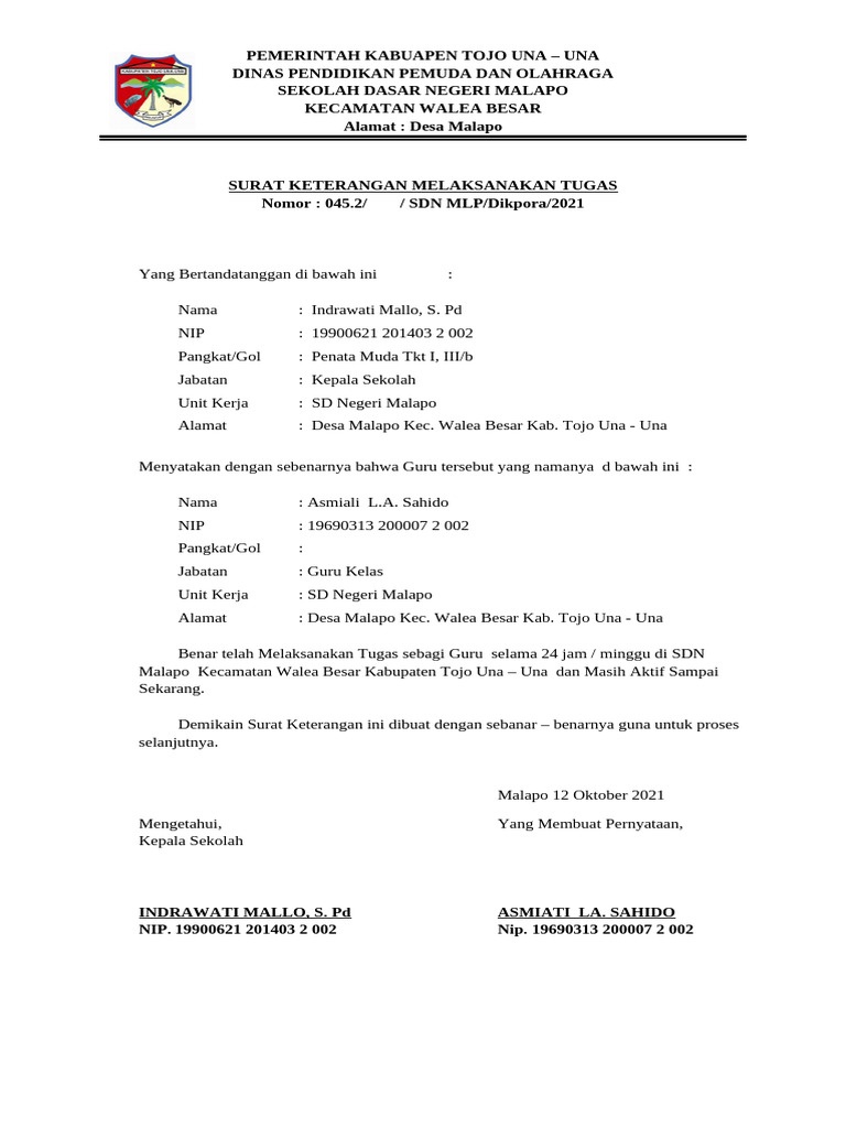 Surat Keterangan Tugas Guru SD Malapo | PDF