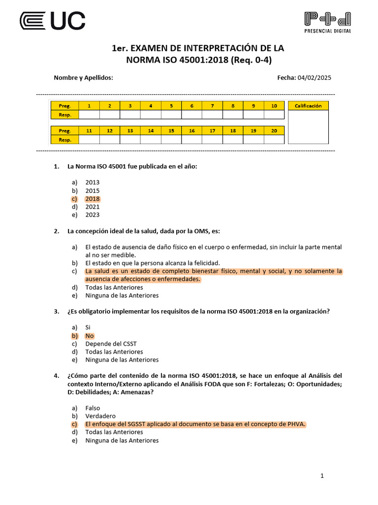 1er. Examen de Interpretación de La NORMA ISO 45001:2018 (Req. 0-4) | PDF