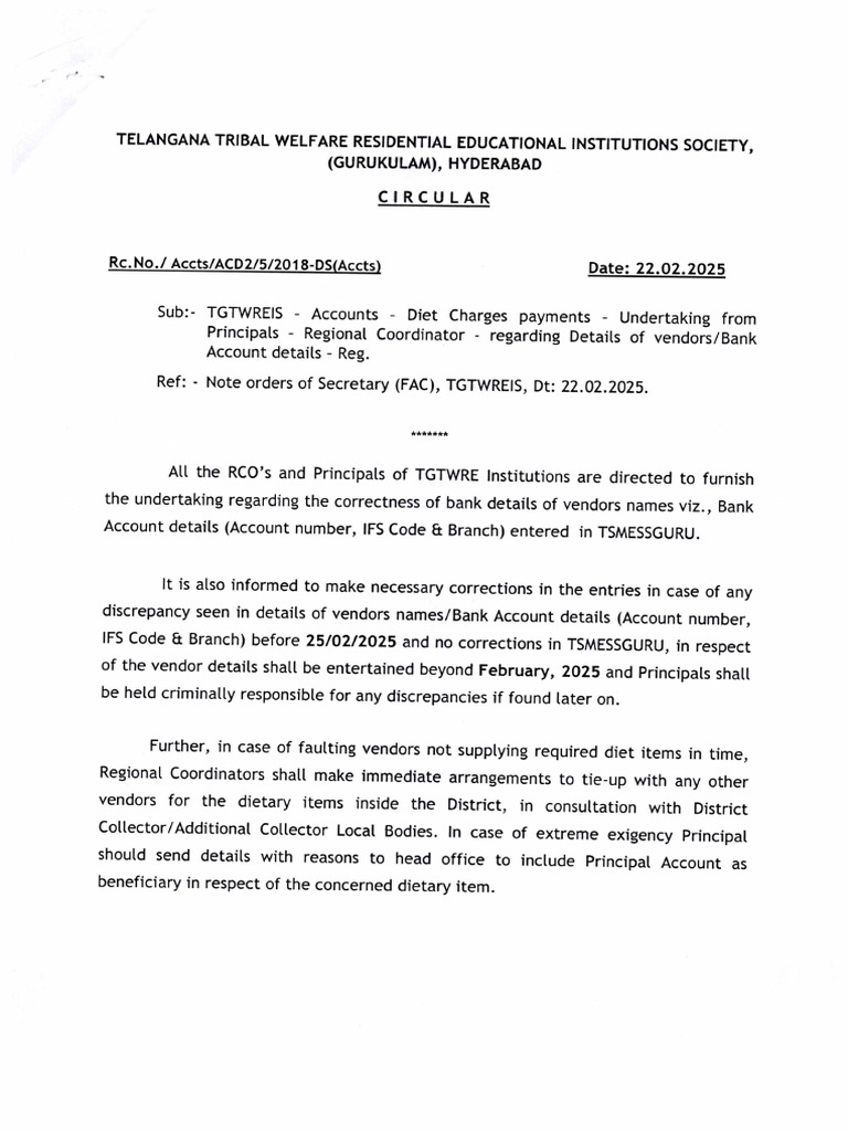 Circular - Diet Charges - Undertaking From Principal & RCs | PDF