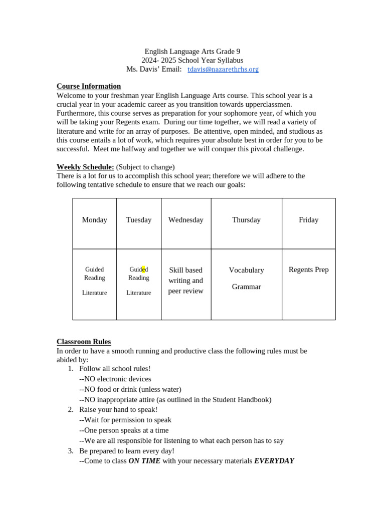Grade 9 English Language Arts Syllabus | PDF | Plagiarism | Homework