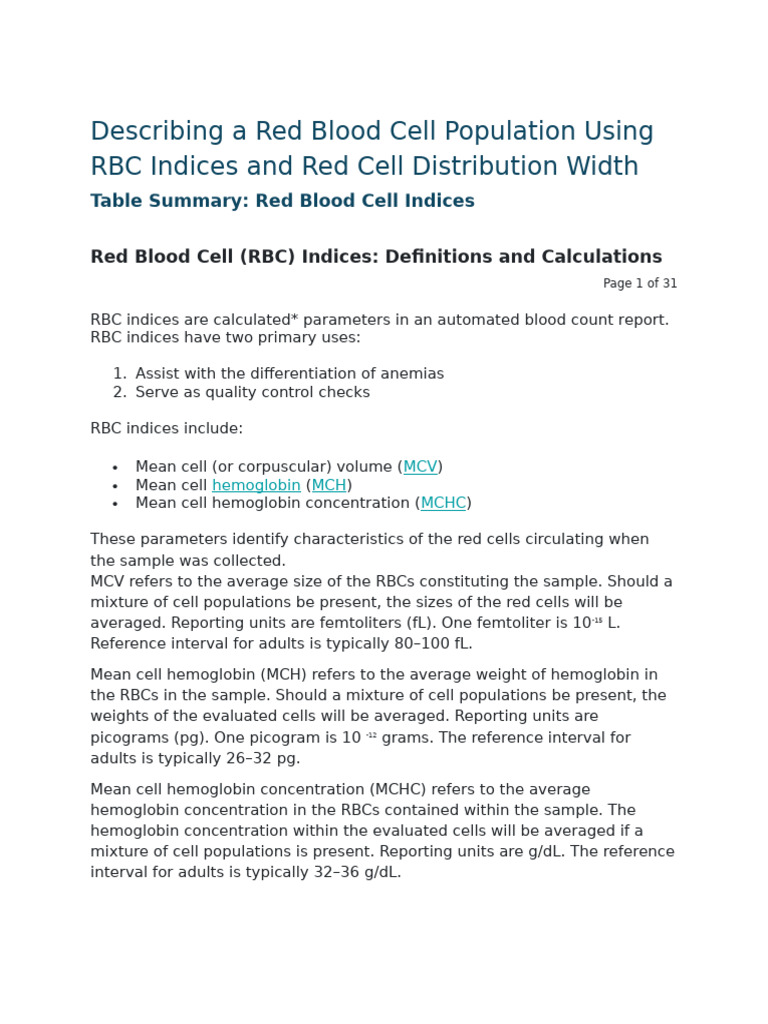 Describing A Red Blood Cell Population Using RBC Indices and Red Cell ...