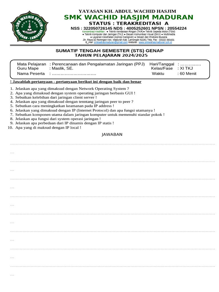 SOAL-MASLIK, Perencanaan Dan Pengalamatan Jaringan (PPJ) XI TKJ | PDF