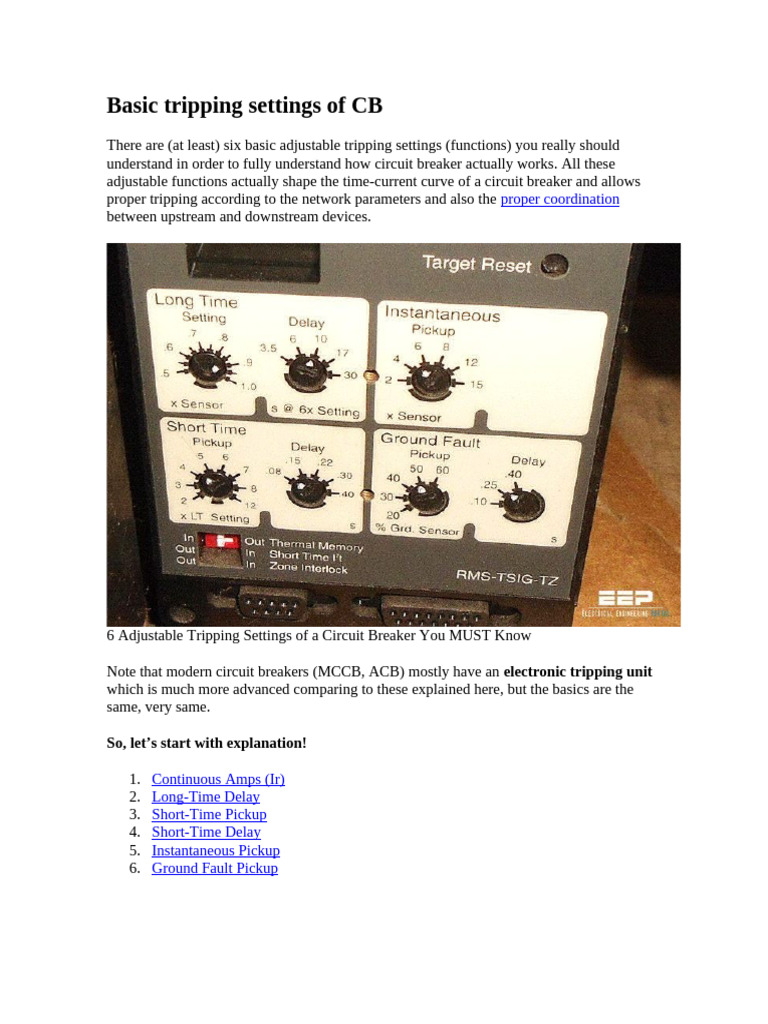 Basic tripping settings of CB | PDF | Electrical Components | Electronics