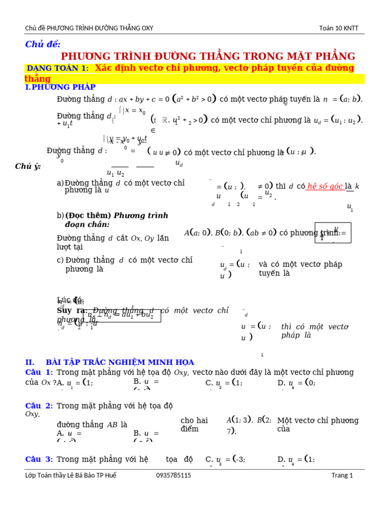 Chu de Phuong Trinh Duong Thang Trong Mat Phang Toan 10 Knttvcs | PDF