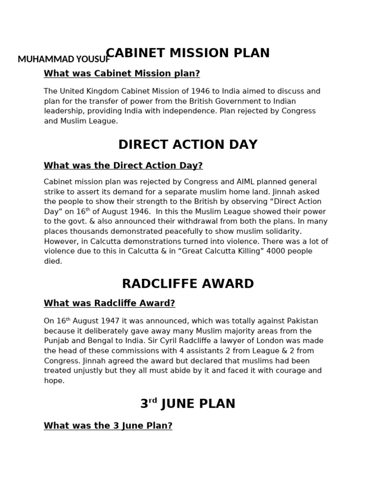 4 MARKERS CABINET MISSION PLAN toCHAUDRY REHMAT ALI | PDF | All India Muslim League | Pakistan ...